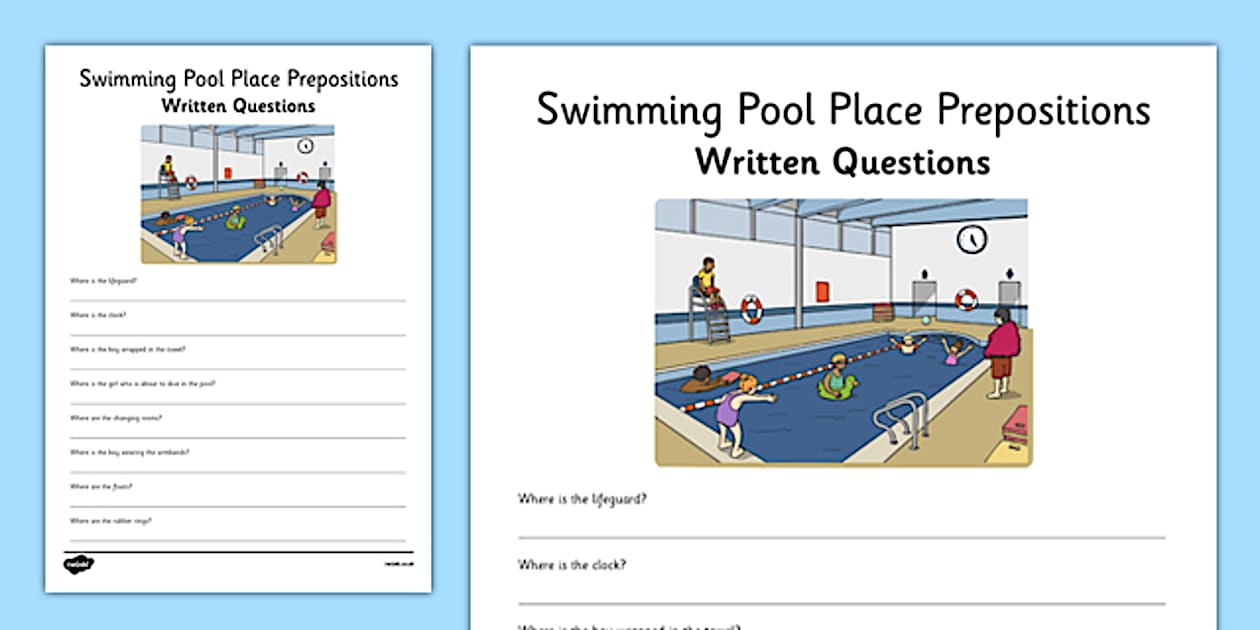 Editable Swimming Pool Place Prepositions Written Questions