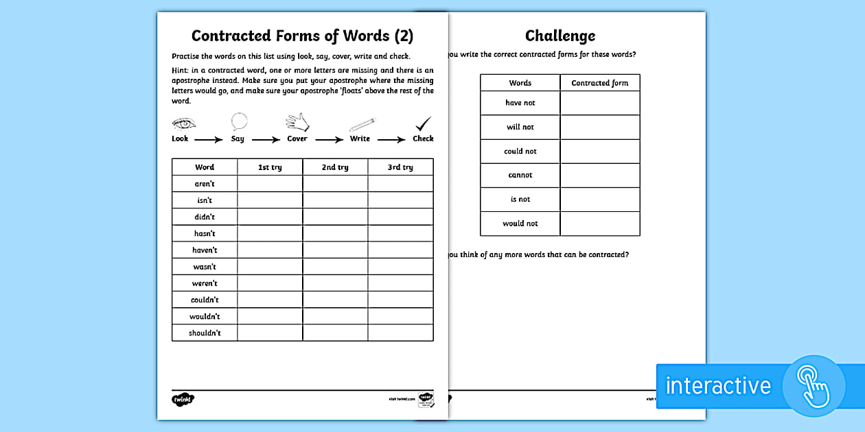 Year 2 Spelling Practice Contracted Forms of Words - Twinkl