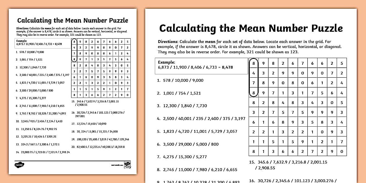 Sixth Grade Calculating the Mean Number Puzzle - Twinkl