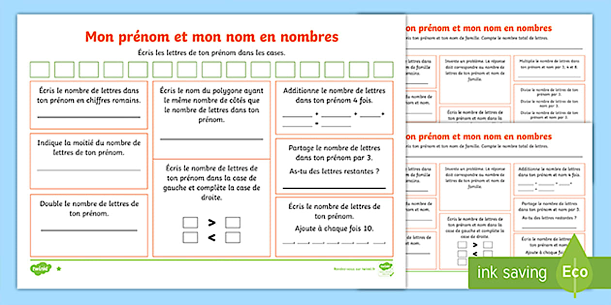 Fiche d'activités : Mon prénom et mon nom en nombres