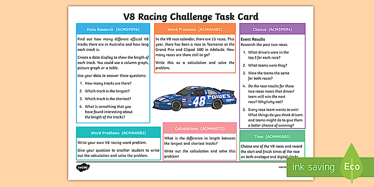 Year 4 V8 Racing Challenge Worksheet / Worksheet - Twinkl