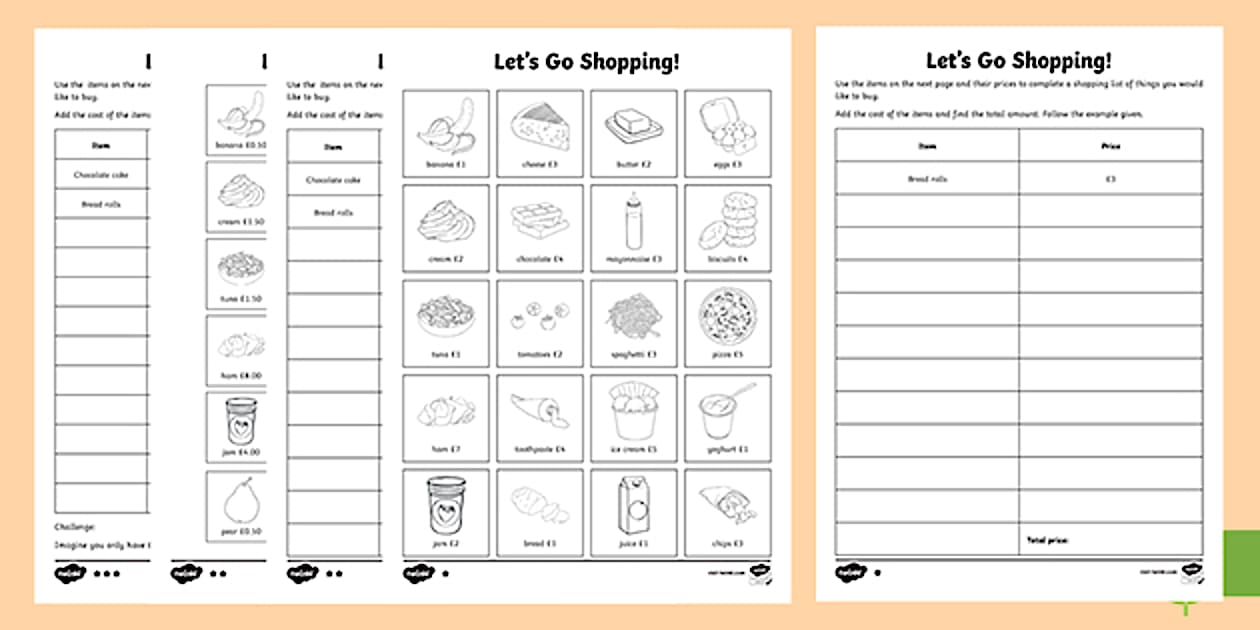Editable Shopping List Differentiated Worksheets - Twinkl