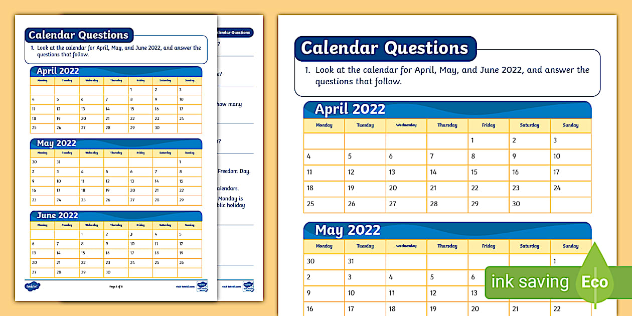 Calendar Questions Activity Sheet – Grade 4 – Time