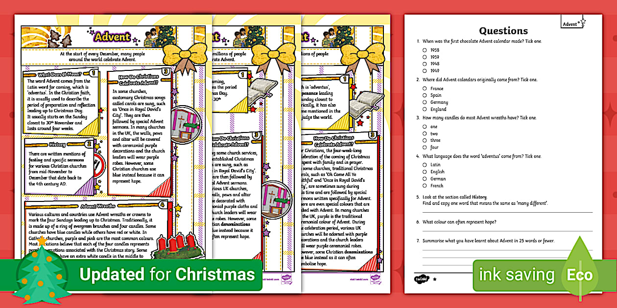 Advent reading comprehension | Worksheet pack | Twinkl