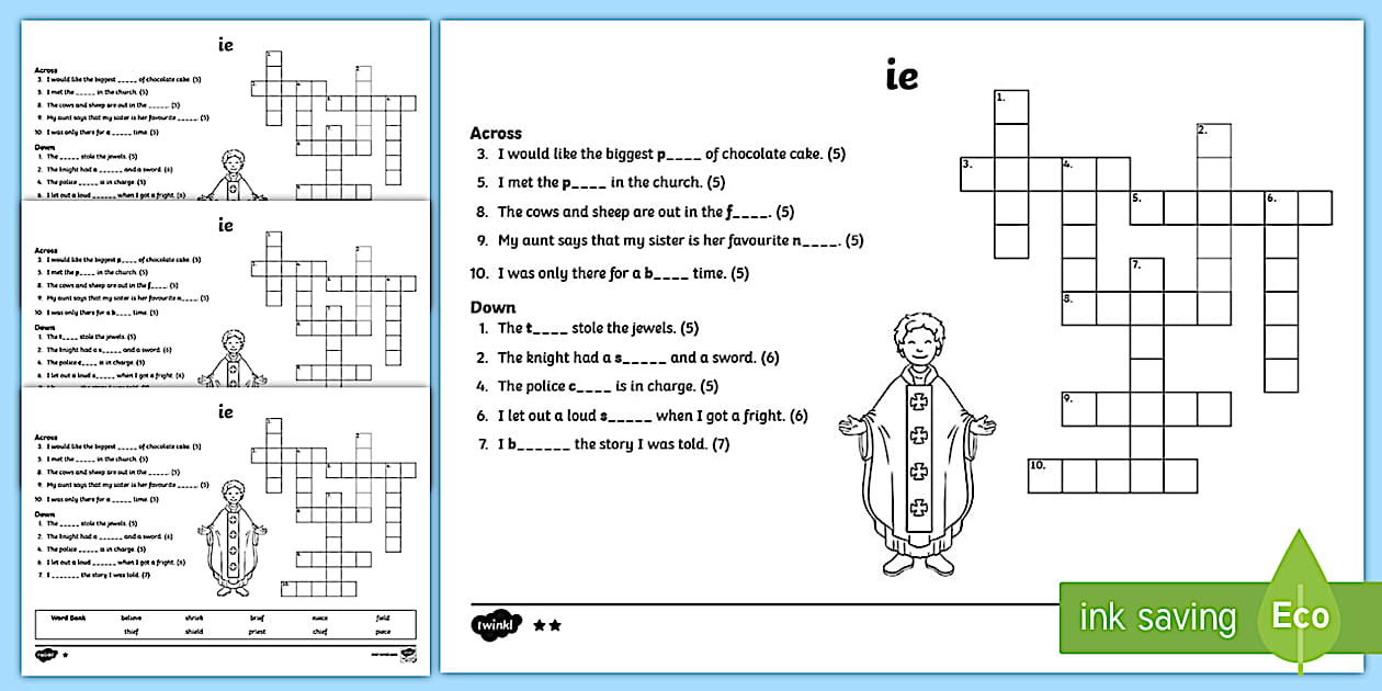 NSW 'ie' Digraph Differentiated Crossword (teacher made)