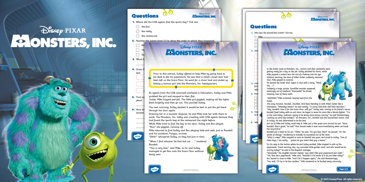 Monsters, Inc.: Reading Comprehension Pack