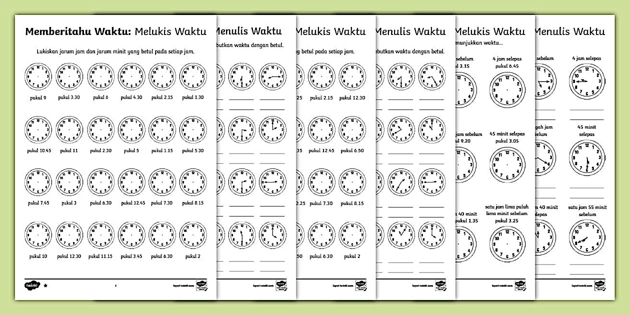 Masa dan Waktu - Menulis dan Melukis Waktu Pada Jam - Twinkl