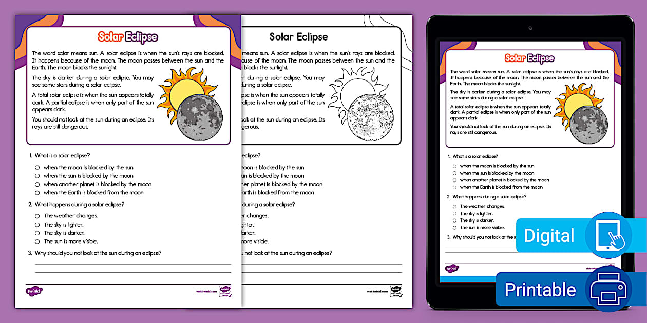 Solar Eclipse Reading Comprehension 1st Grade | Twinkl USA