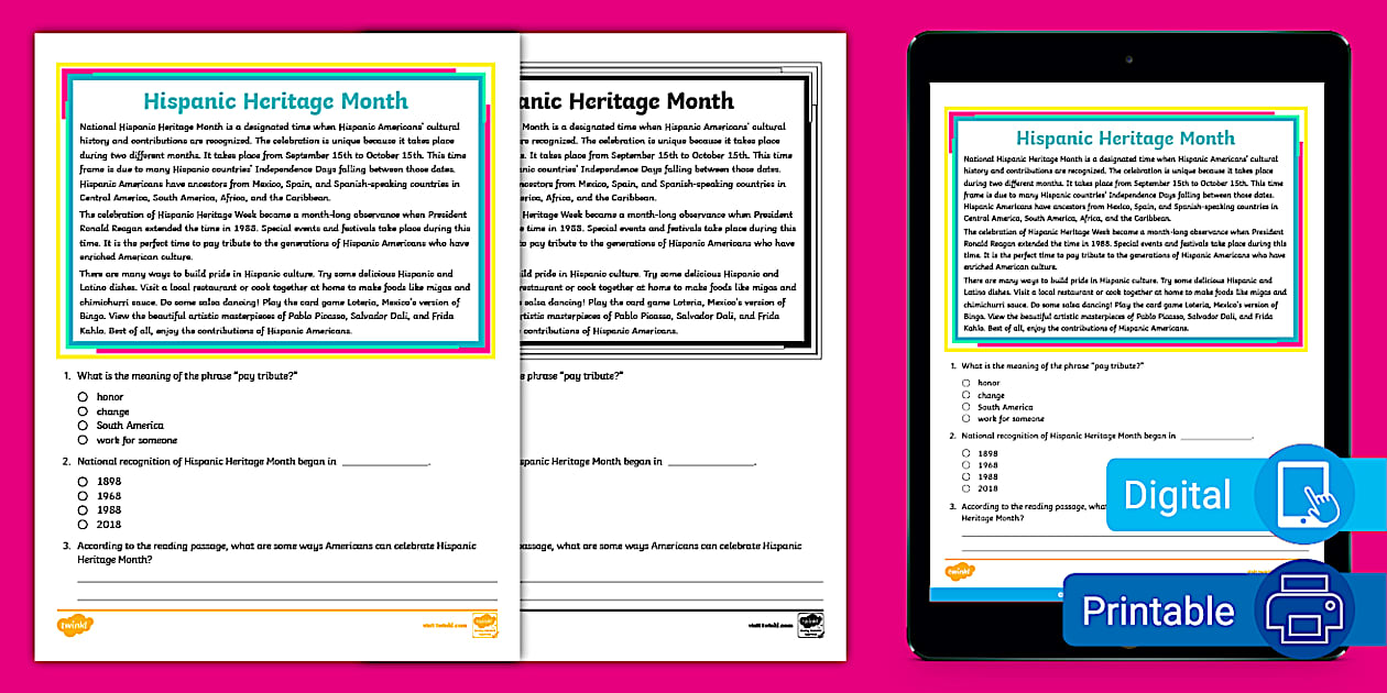 Sixth Grade Hispanic Heritage Month Reading Comprehension