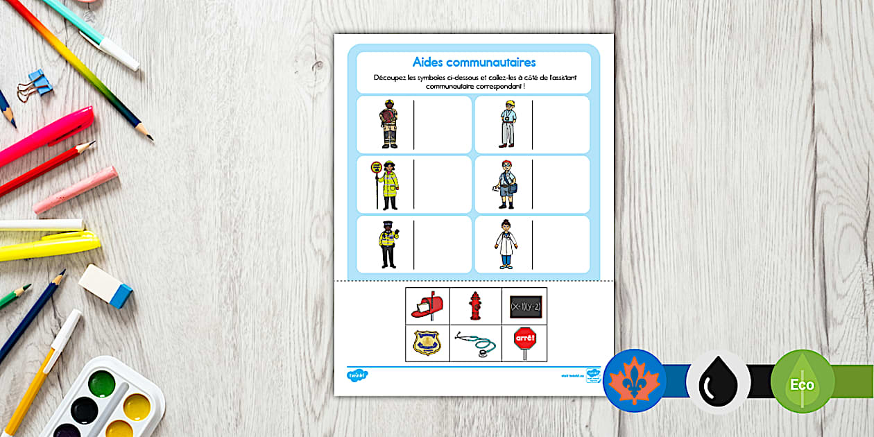 Community Helpers Symbol Sorting Cut & Glue Worksheet French