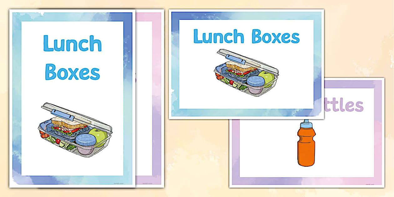 Watercolour-Themed Mealtime Lunch Box and Drink Bottle Signs