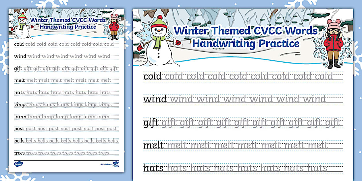 Winter Themed CVCC Words Handwriting Practice Worksheet