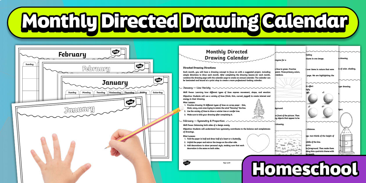 Monthly Directed Homeschool Drawing Calendar | Twinkl