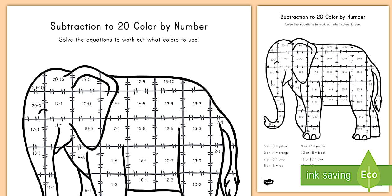 Elephant Color By Number Subtraction From 20 Worksheet