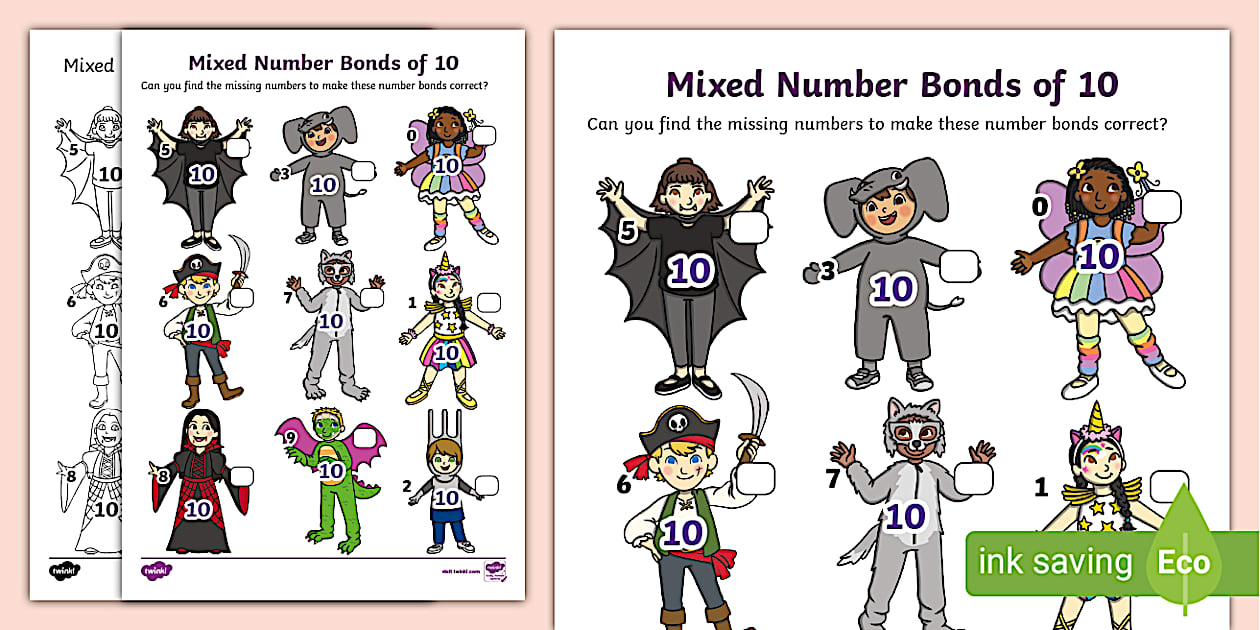 Editable Halloween Themed Mixed Number Bonds of 10 Worksheet