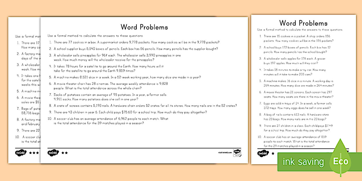 Long Multiplication Word Problems Differentiated Worksheet