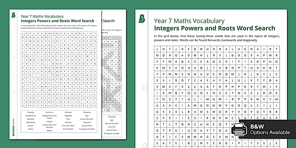 👉 Y7 Maths Vocabulary Integers Powers and Roots Word Search