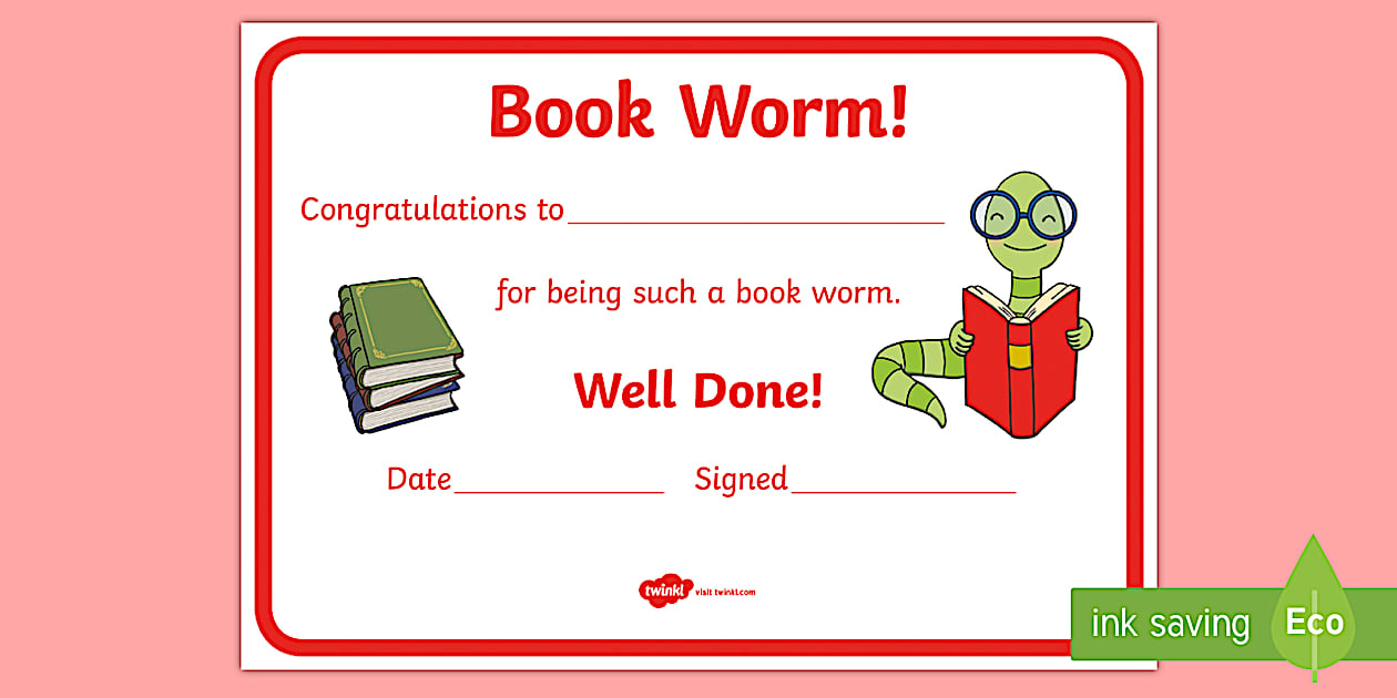 Reading Certificates Book Worm Certificate - Twinkl