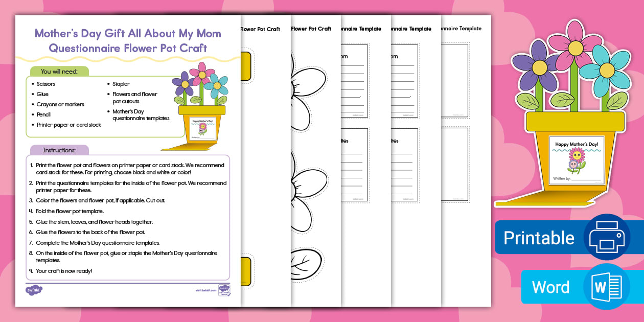 Mother's Day Gift Questionnaire Flower Pot Craft - Twinkl