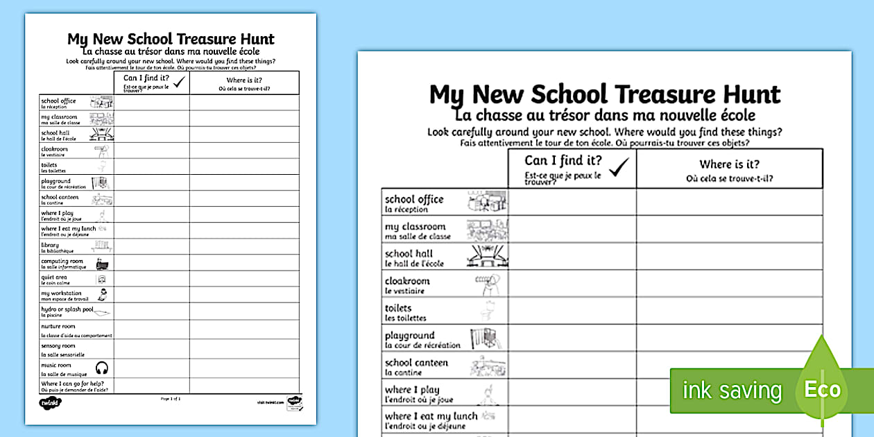 My New School Treasure Hunt Worksheet / Worksheet English/French