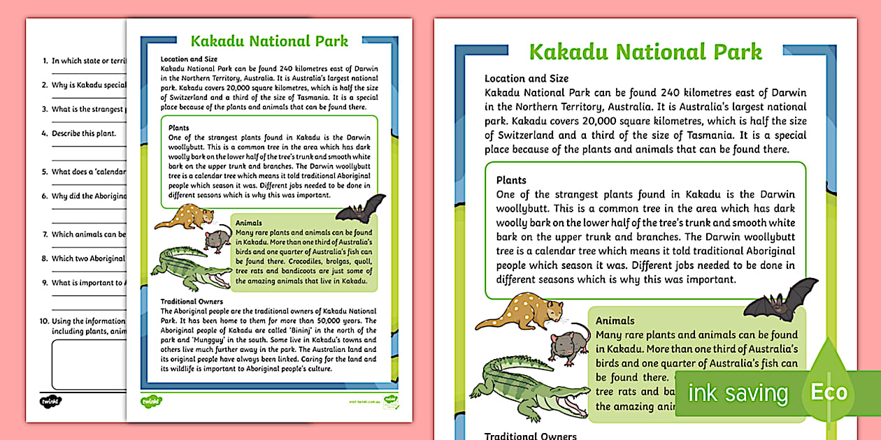 VIC Kakadu National Park Junior Comprehension Worksheet