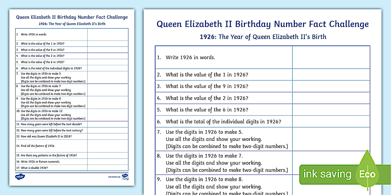 Black and White Queen Elizabeth II Birthday Number Fact Challenge Worksheet