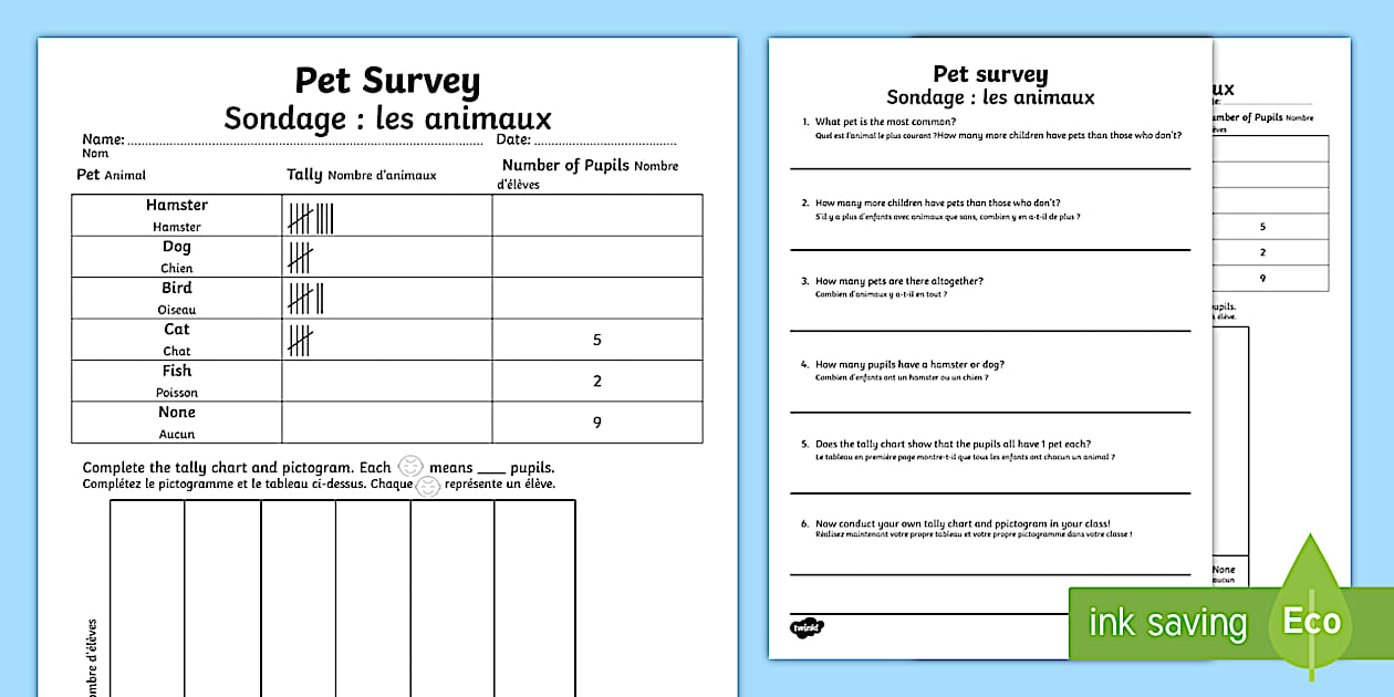 Pets Survey Tally and Pictogram Worksheet English/French - Pets Survey ...