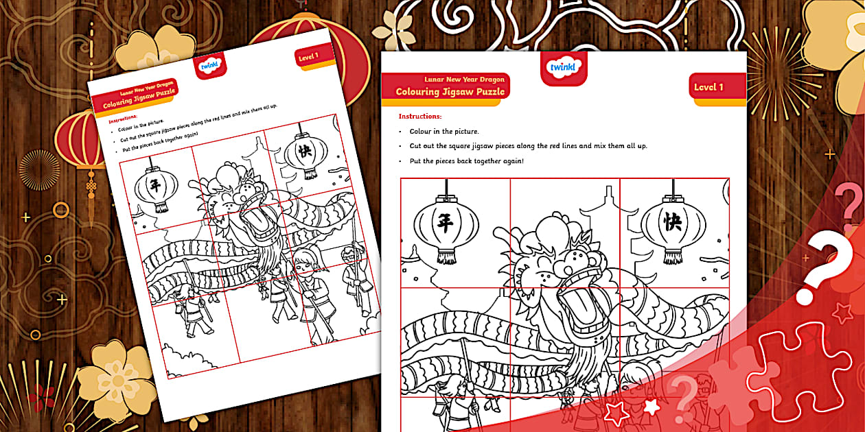 Lunar New Year Colouring Jigsaw - Dragon - Level 1 - Twinkl