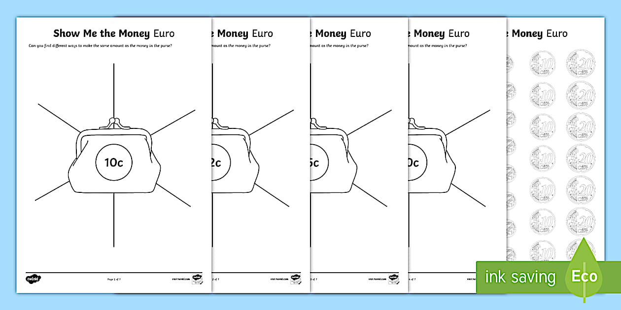 Show Me The Money Worksheet | Teaching Money (Euro) - Twinkl