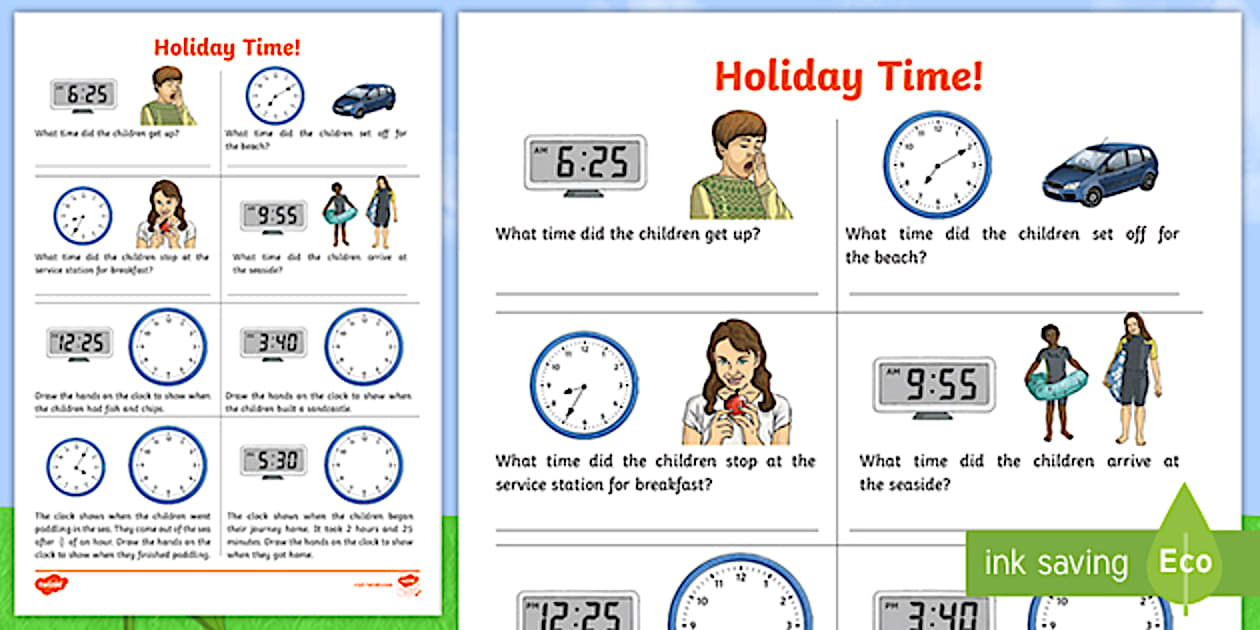 Holiday Time Analogue and Digital Clocks Worksheet - Twinkl