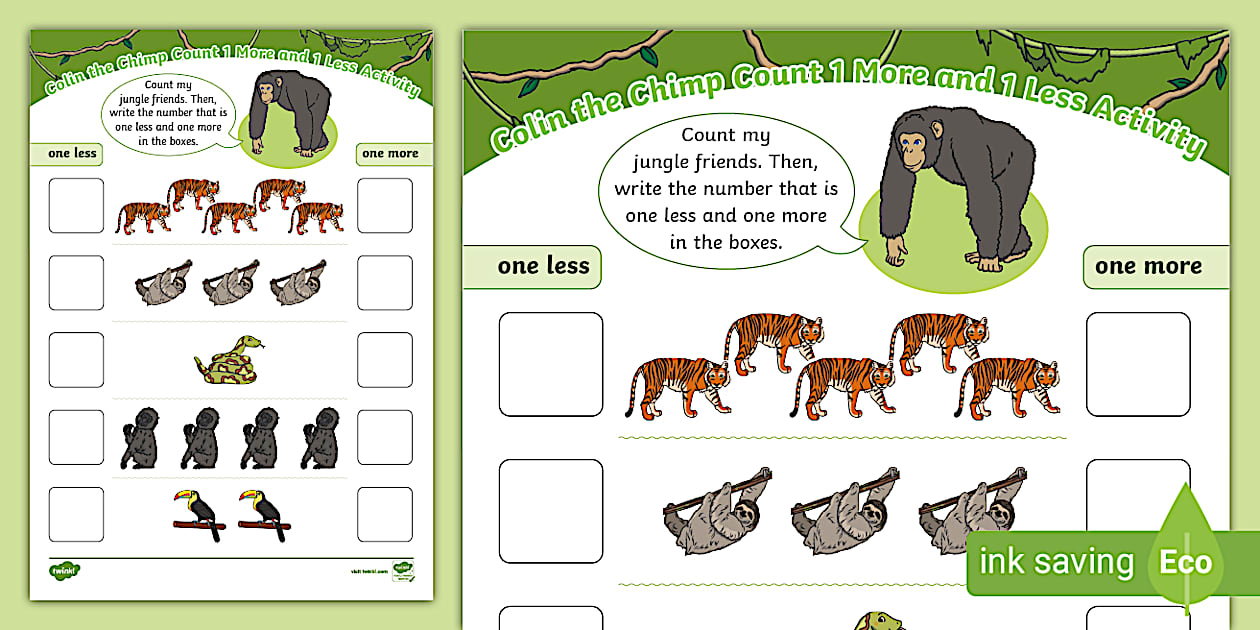 👉 Colin the Chimp 1 More and 1 Less Activity Sheet | Twinkl