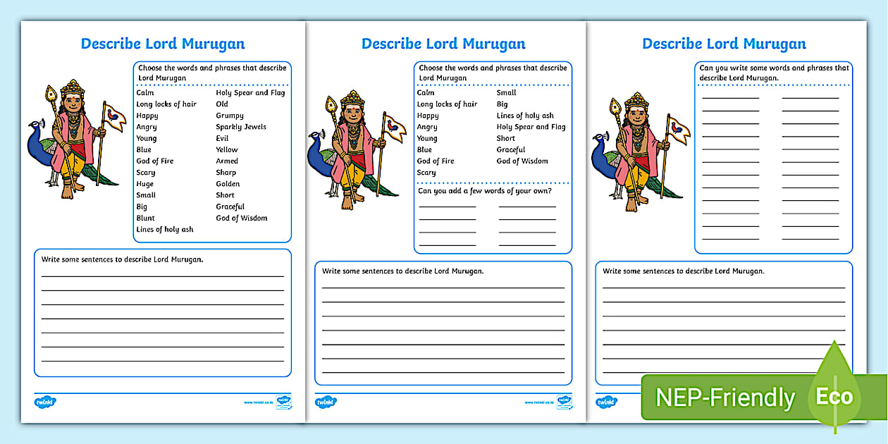 Describe Lord Murugan - NEP friendly activity worksheet