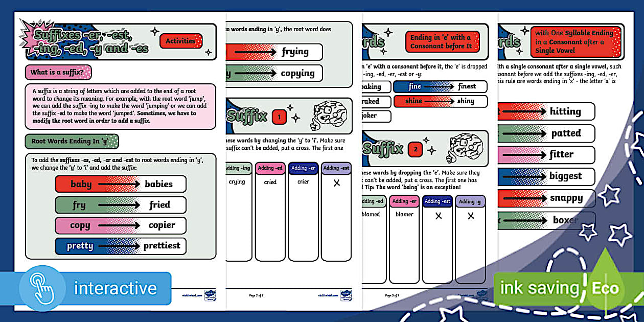 Year 2 Suffixes Activities: -er, -est, -ing, -ed, -y and -es