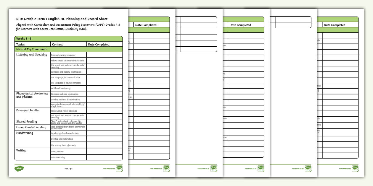 SID: Grade 2 Term 1 English HL Planning and Record Sheet