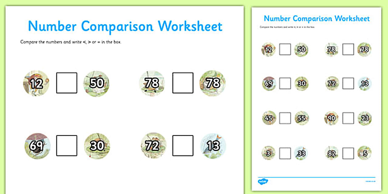 Beatrix Potter - The Tale of Mr Jeremy Fisher Number Comparison Worksheets