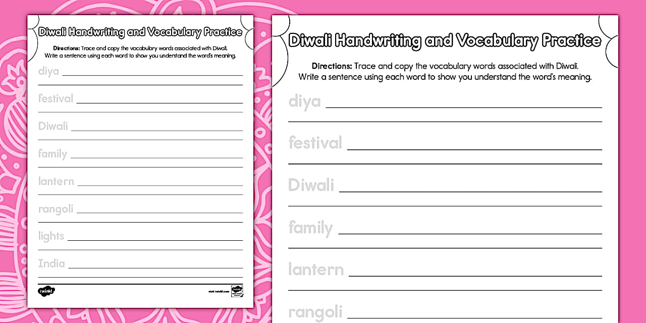 Diwali Handwriting and Vocabulary Practice Worksheet