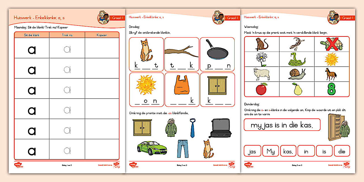 Graad 1 Klanke Huiswerk a, s (teacher made) - Twinkl
