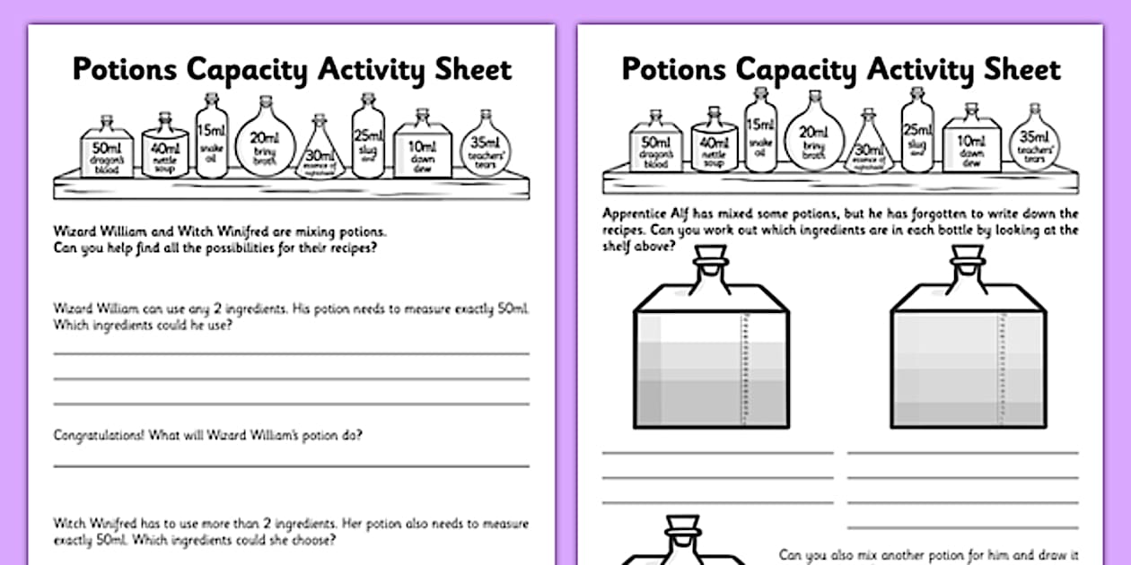 Potions Capacity Worksheet / Worksheet (Teacher-Made)