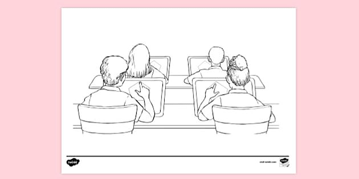 Children at Desks with Tablets Colouring Sheet - Twinkl