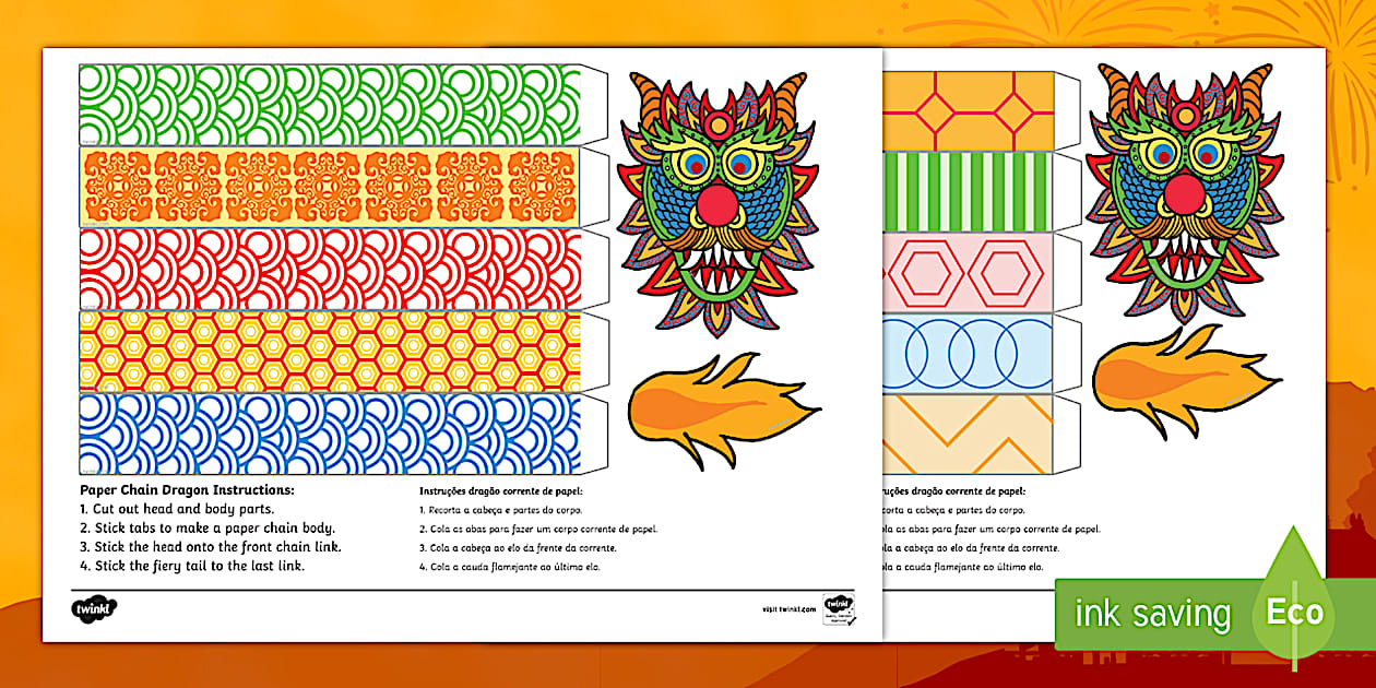 Chinese New Year Paper Chain Craft Dragon English/Portuguese - Chinese