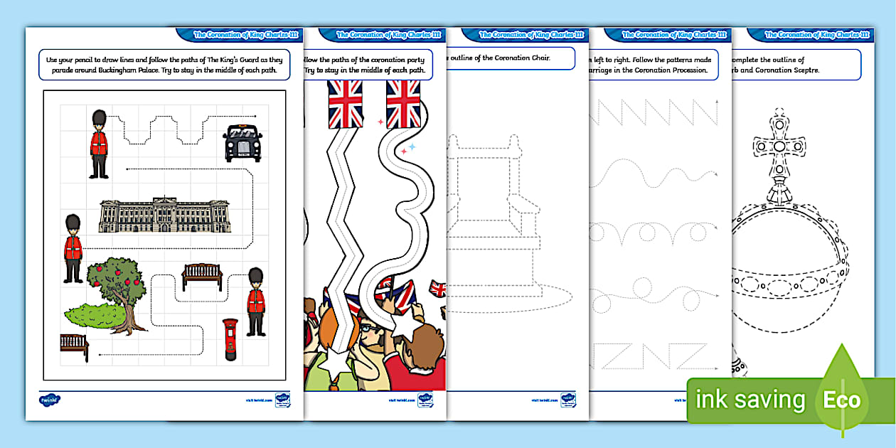 EYFS/KS1 The Coronation of King Charles III Pencil Control Activity Sheets