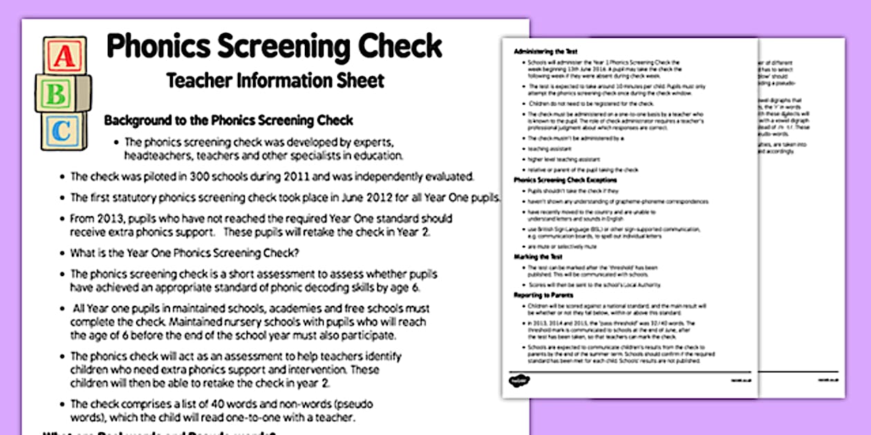 Phonics Screening Check Teacher Adult Guidance - Twinkl