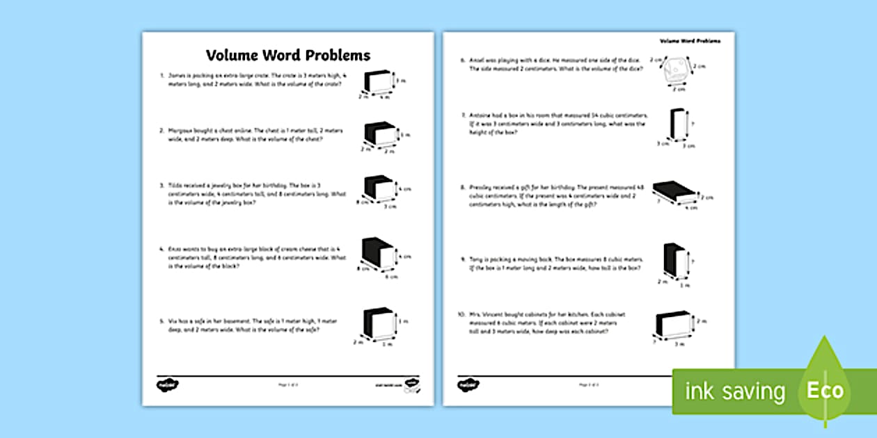 Volume (Metric) Word Problems Worksheet (teacher made)
