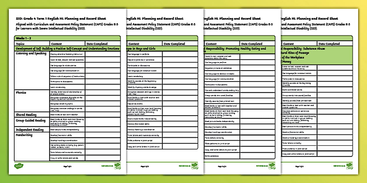 SID: Grade 4 Term 1 English HL Planning and Record Sheet