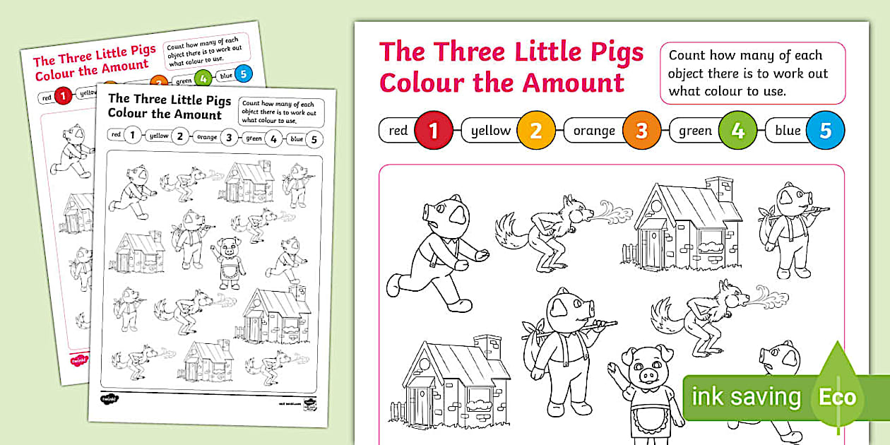 👉 The Three Little Pigs Colour the Amount Worksheet