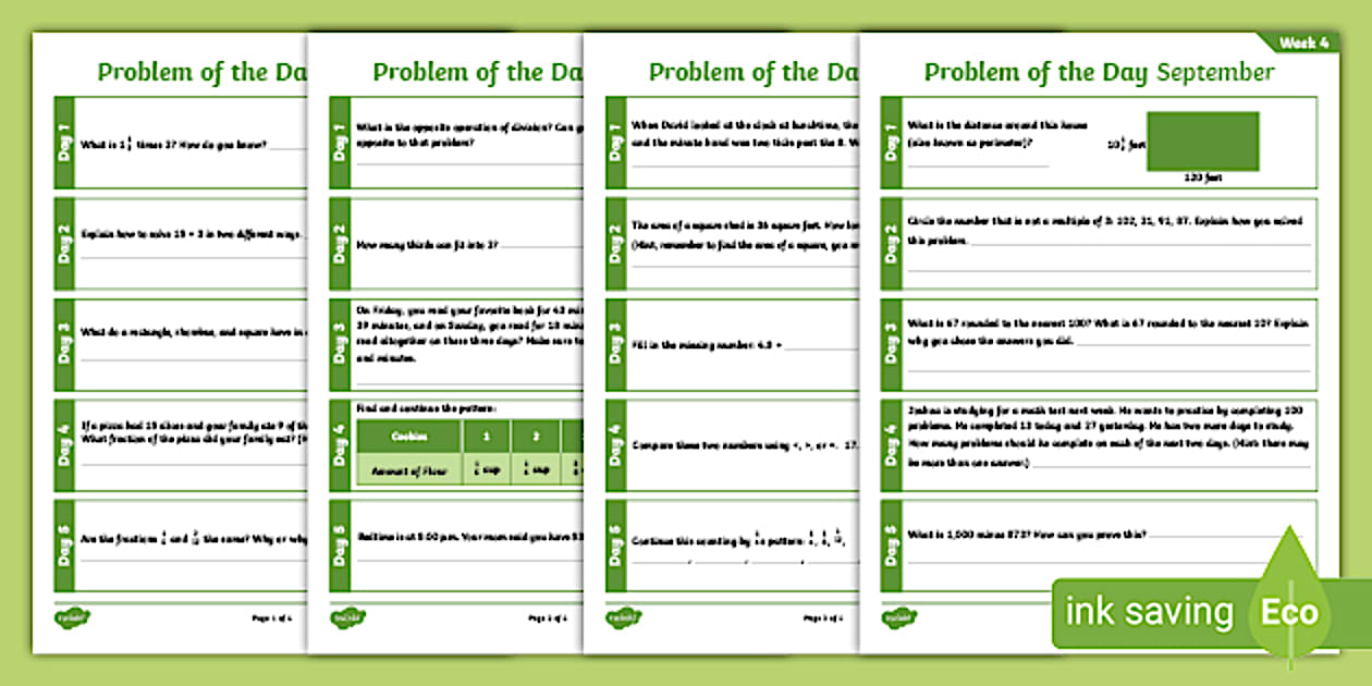 Fourth Grade Math Problem of the Day - September Worksheet