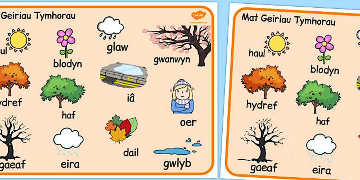 Editable Welsh Season Words Mat (teacher made) - Twinkl