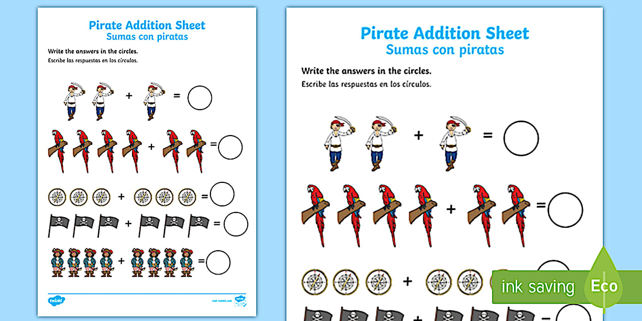 Pirate Addition Worksheet / Worksheet English/Spanish - EAL, Pirate ...