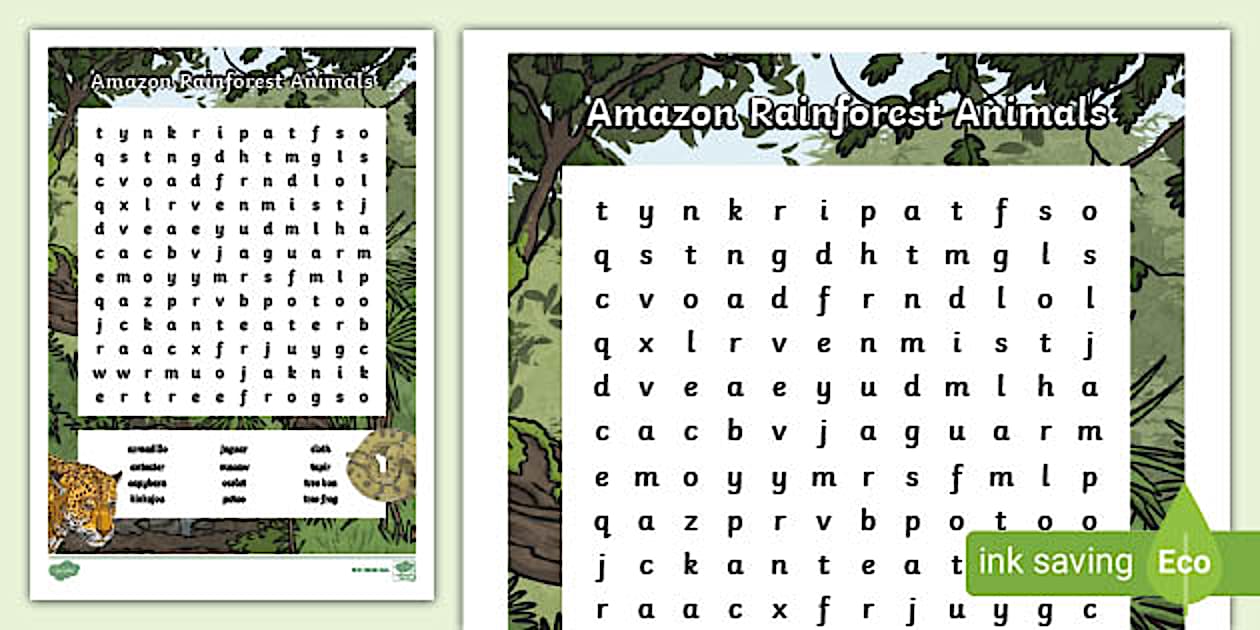 Animals of the Amazon Rainforest Word Search (teacher made)