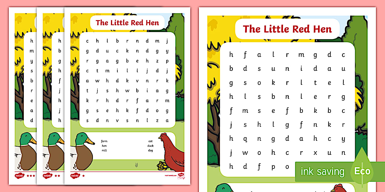 Black and White The Little Red Hen Word Search - Twinkl